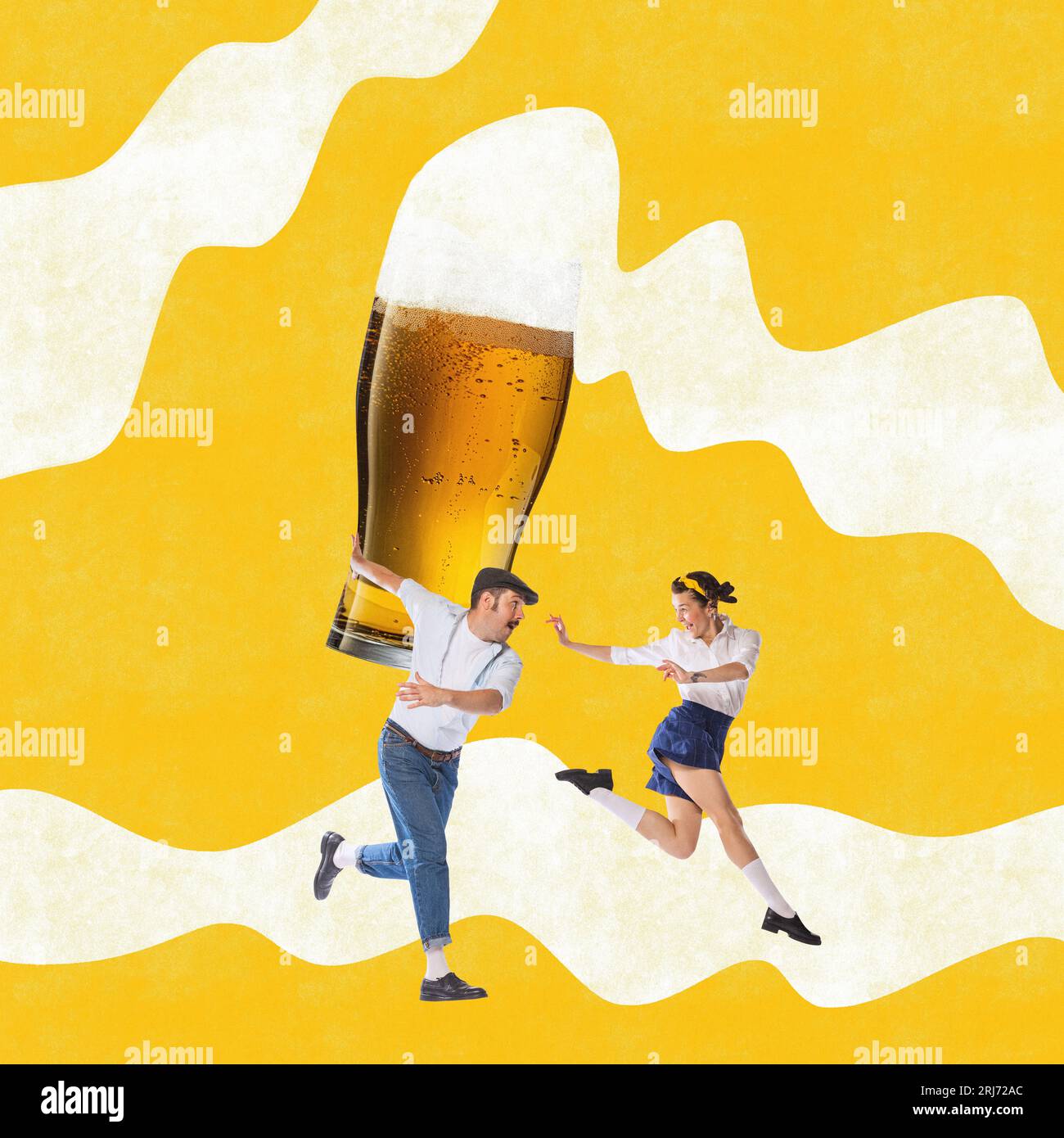 Contemporary art collage with young retro stylish woman and man running ...