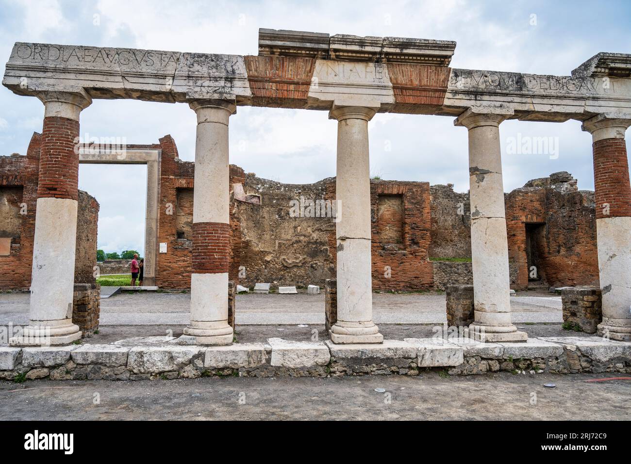 Doric columns and architrave of the colonnade in the Roman Forum in the ruins of the ancient ...
