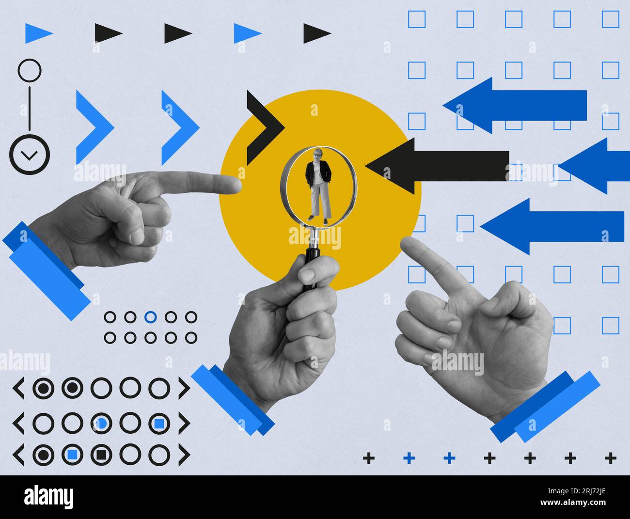 Collage about customer focus. The hand holds magnifying glass and a ...