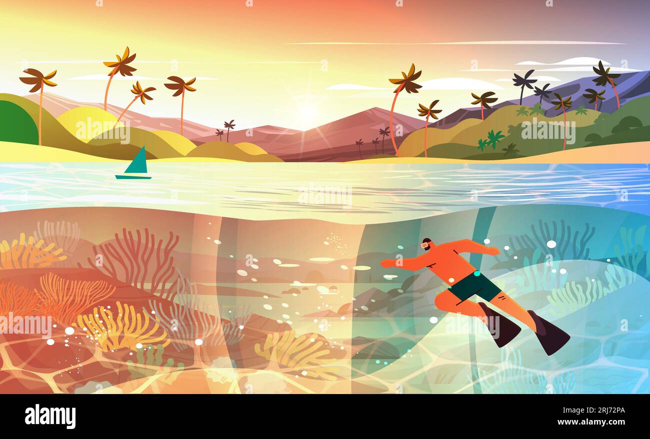 tourist man swimming in sea or ocean and watching marine fauna with ...