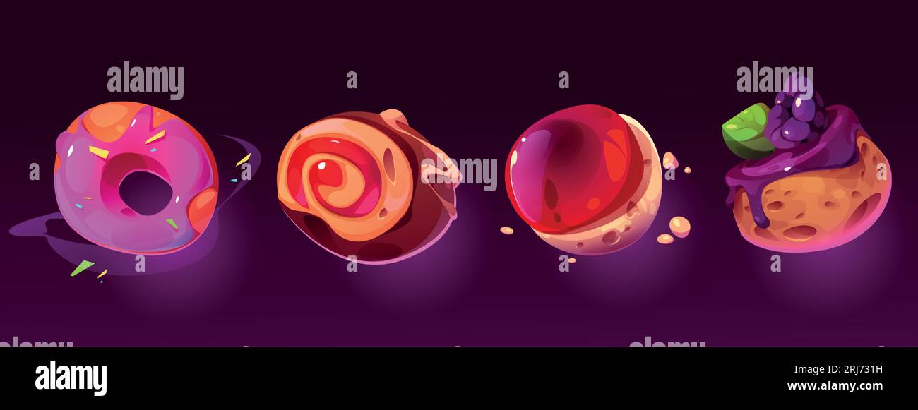 Candy game world with space food planet cartoon. Sweet donut cake and ...