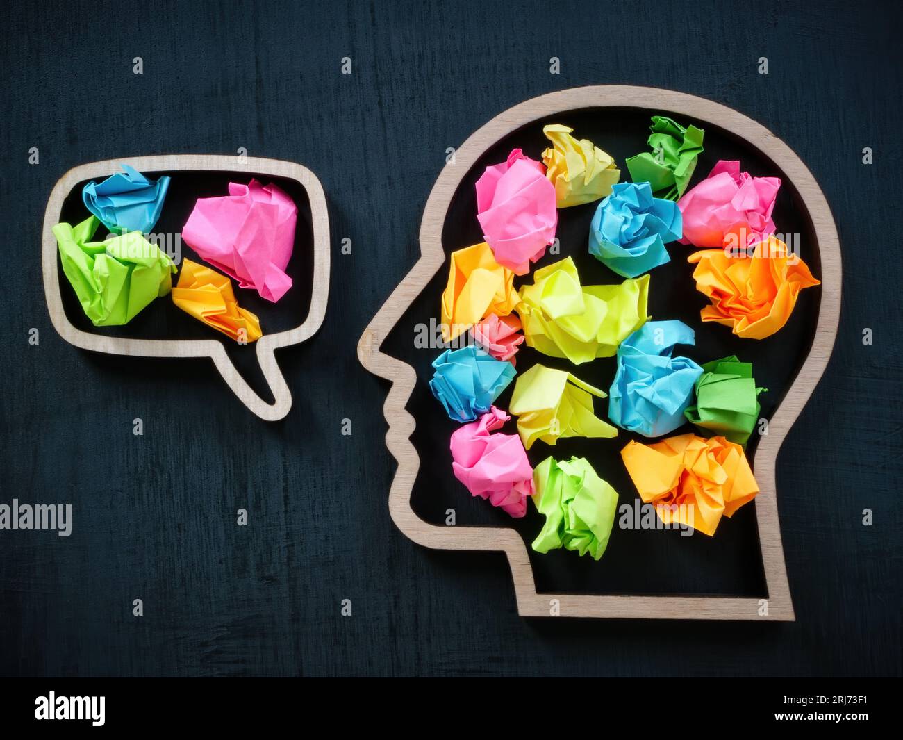 The contour of the head with colored paper balls as symbol of positive ...