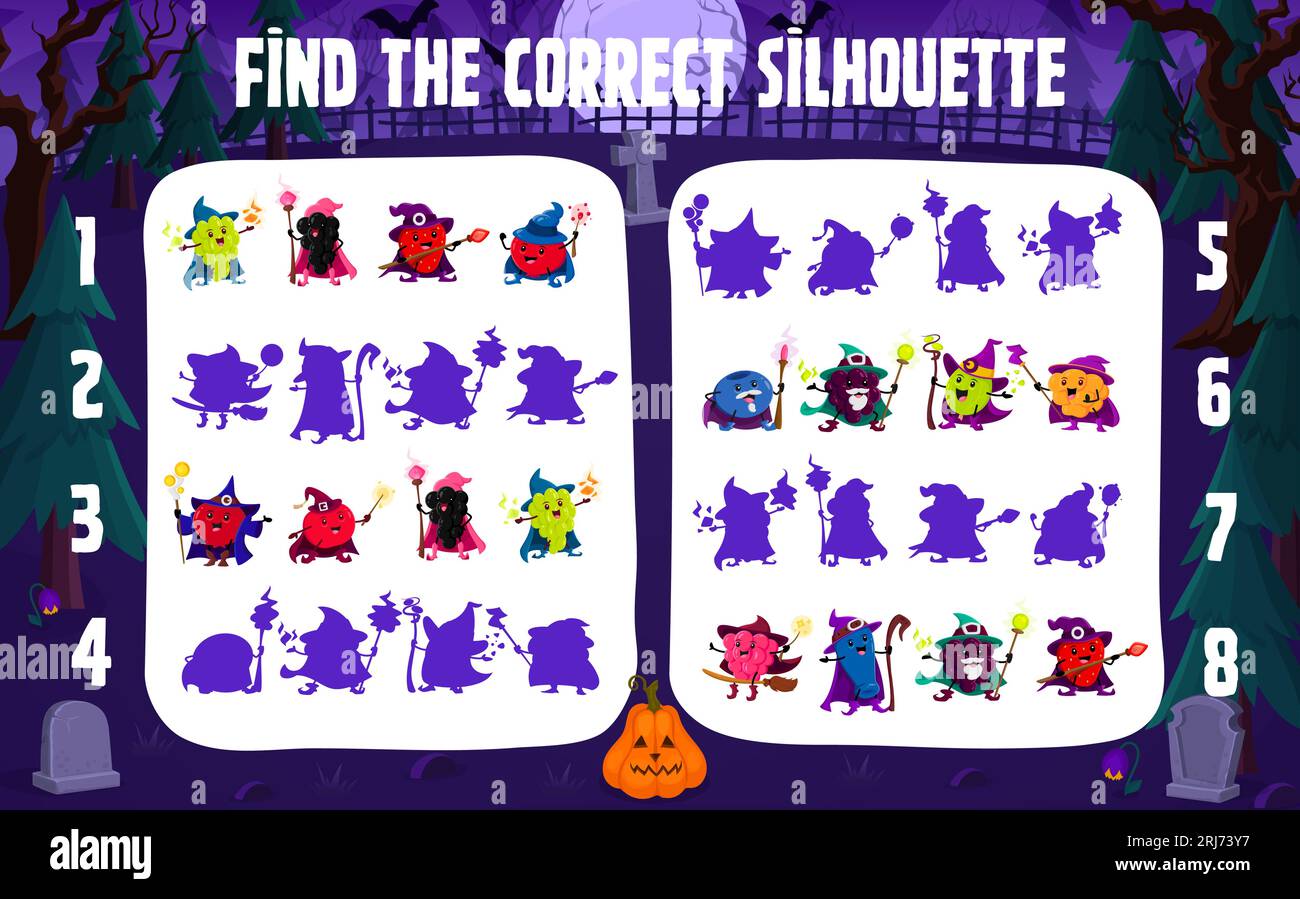 Find the correct silhouette of Halloween cartoon berry wizards and ...