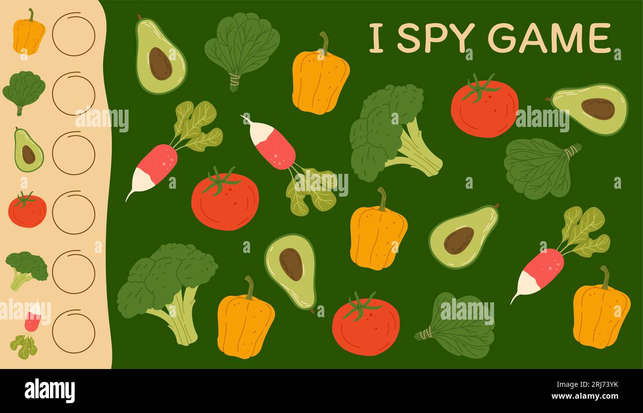 I spy game with harvest raw vegetables. Calculation quiz, object ...