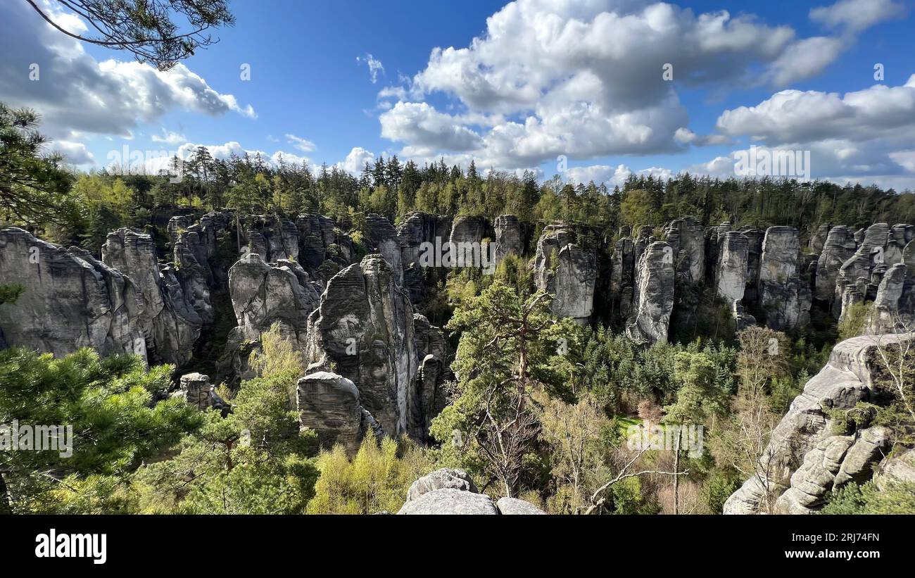 The majestic cliffs surrounded by lush trees. Prachov Rocks, Czech ...
