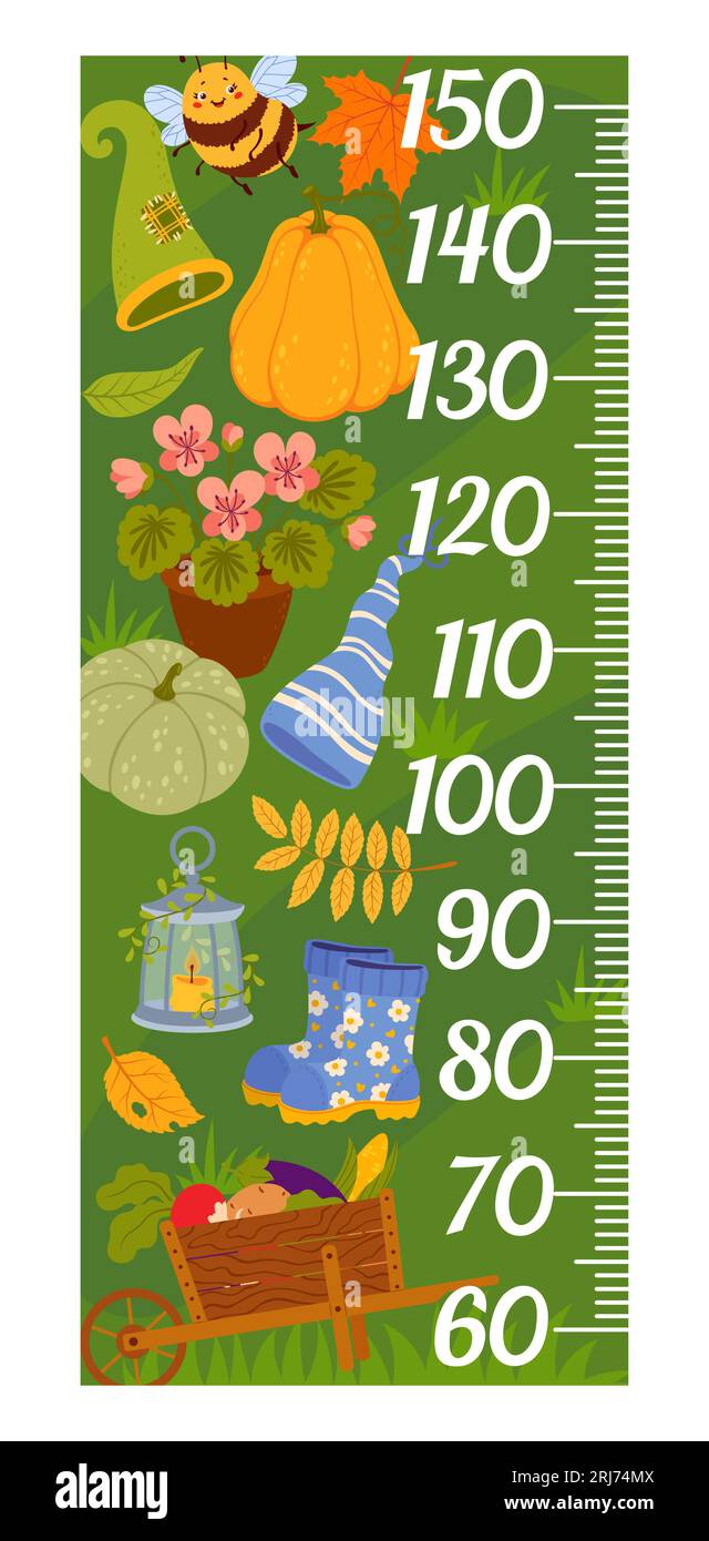 Kids height chart. Gnome items, autumn leaves and garden tools. Kids ...