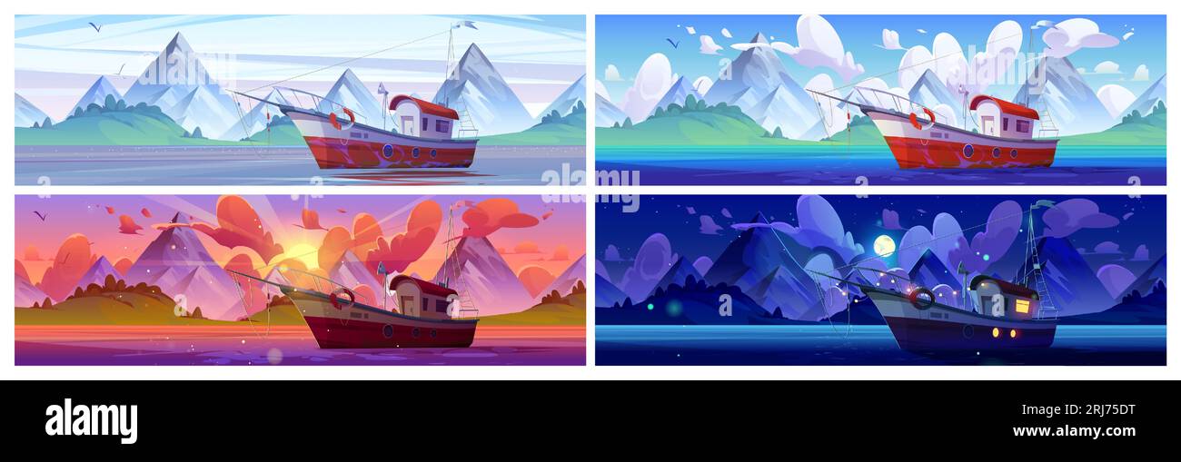 Ship in ocean at night, sunset, dawn and day time cartoon illustration ...