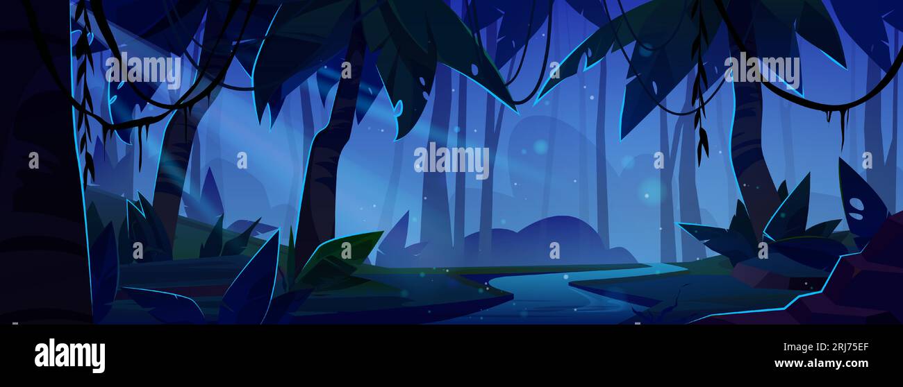 Night fantasy forest spooky vector background. Dark mystery fairytale ...