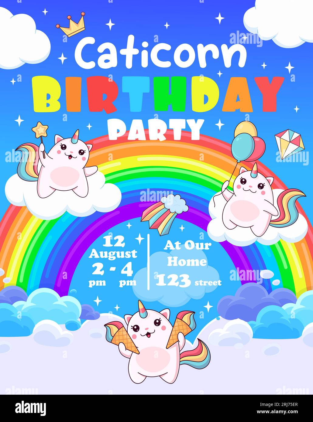 Birthday party flyer. Magic cute caticorn cat and kitten characters on ...