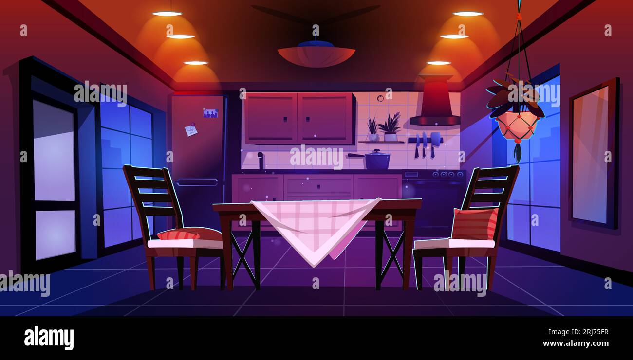 Modern kitchen in urban apartment at night. Vector cartoon illustration ...