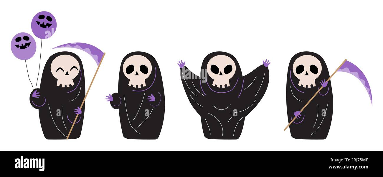 Set of cute Grim reaper . Halloween cartoon characters . Doodle drawing ...