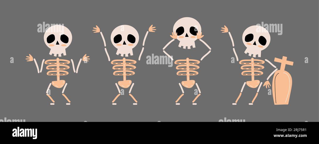 Set of cute Skeletal ghost . Halloween cartoon characters . Doodle ...