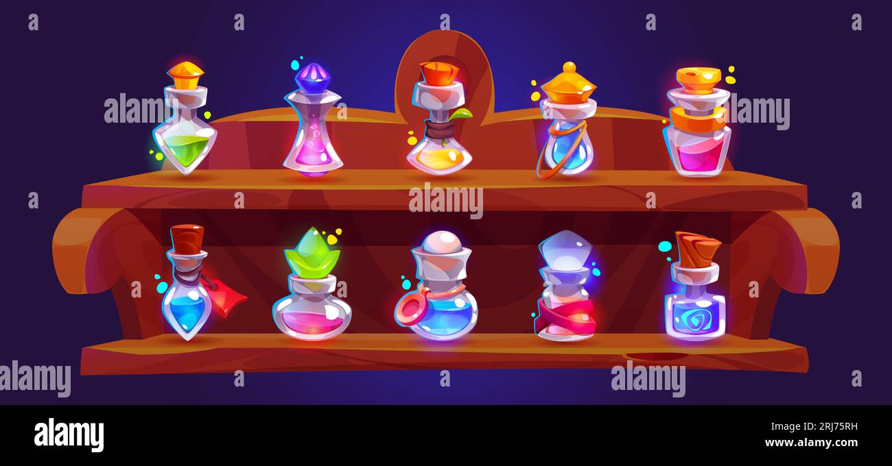 Magic elixir bottles standing on wooden shelf. Vector cartoon ...