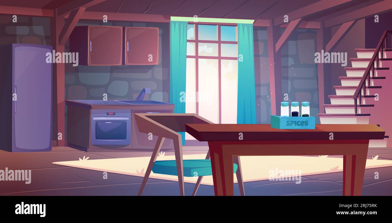 Castle kitchen interior with dining table cartoon illustration. Fridge ...