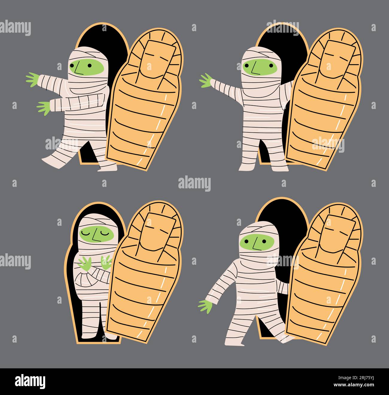 Set of cute Mummy and coffin . Halloween cartoon characters . Doodle ...