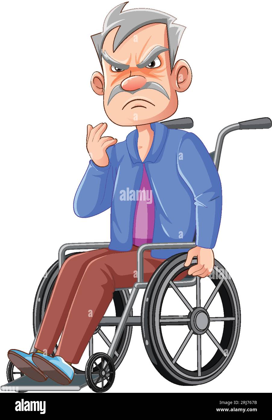 An angry elderly man sitting on a wheelchair in a cartoon-style ...