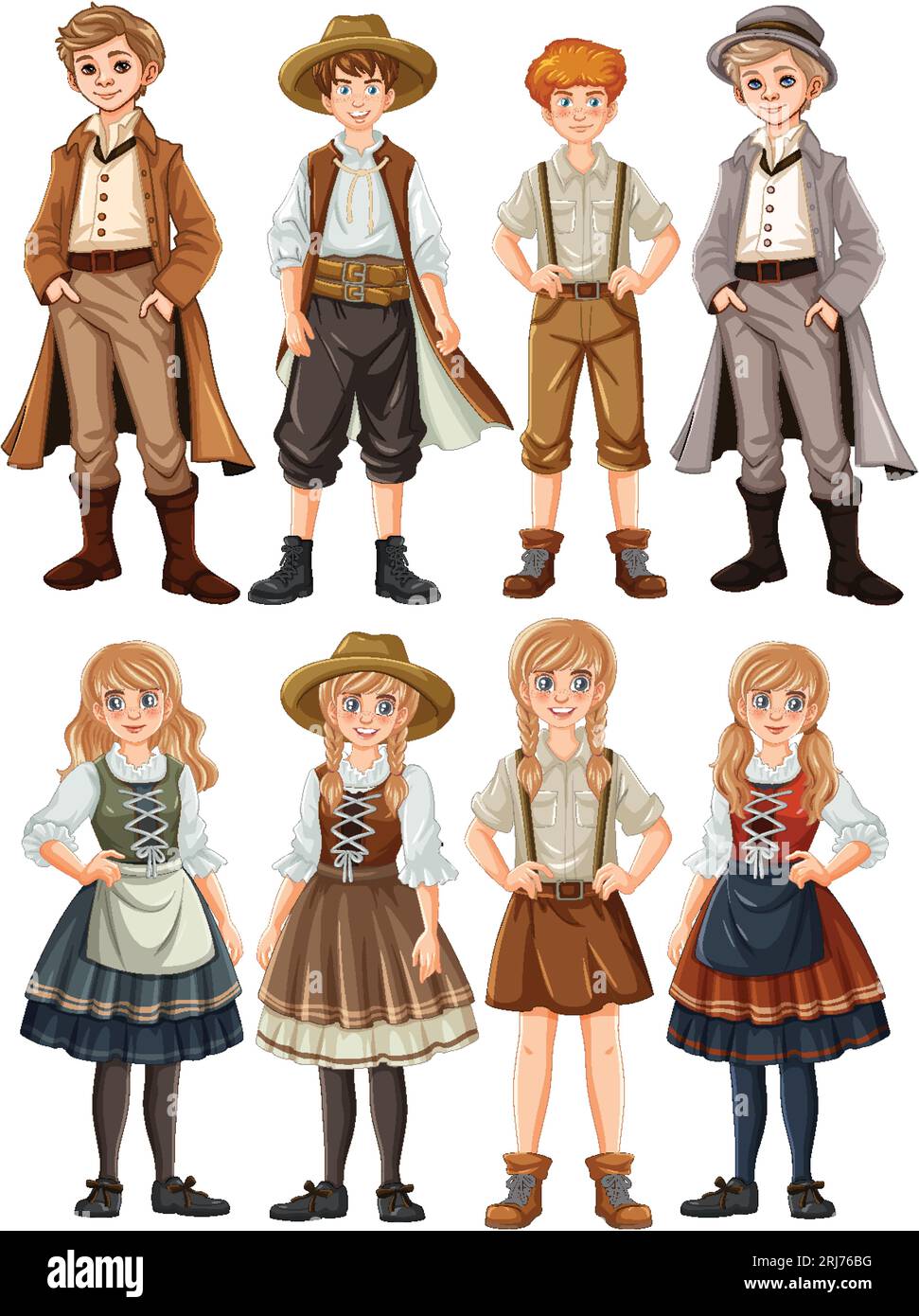 Vector cartoon style illustration featuring a mix of people in vintage ...