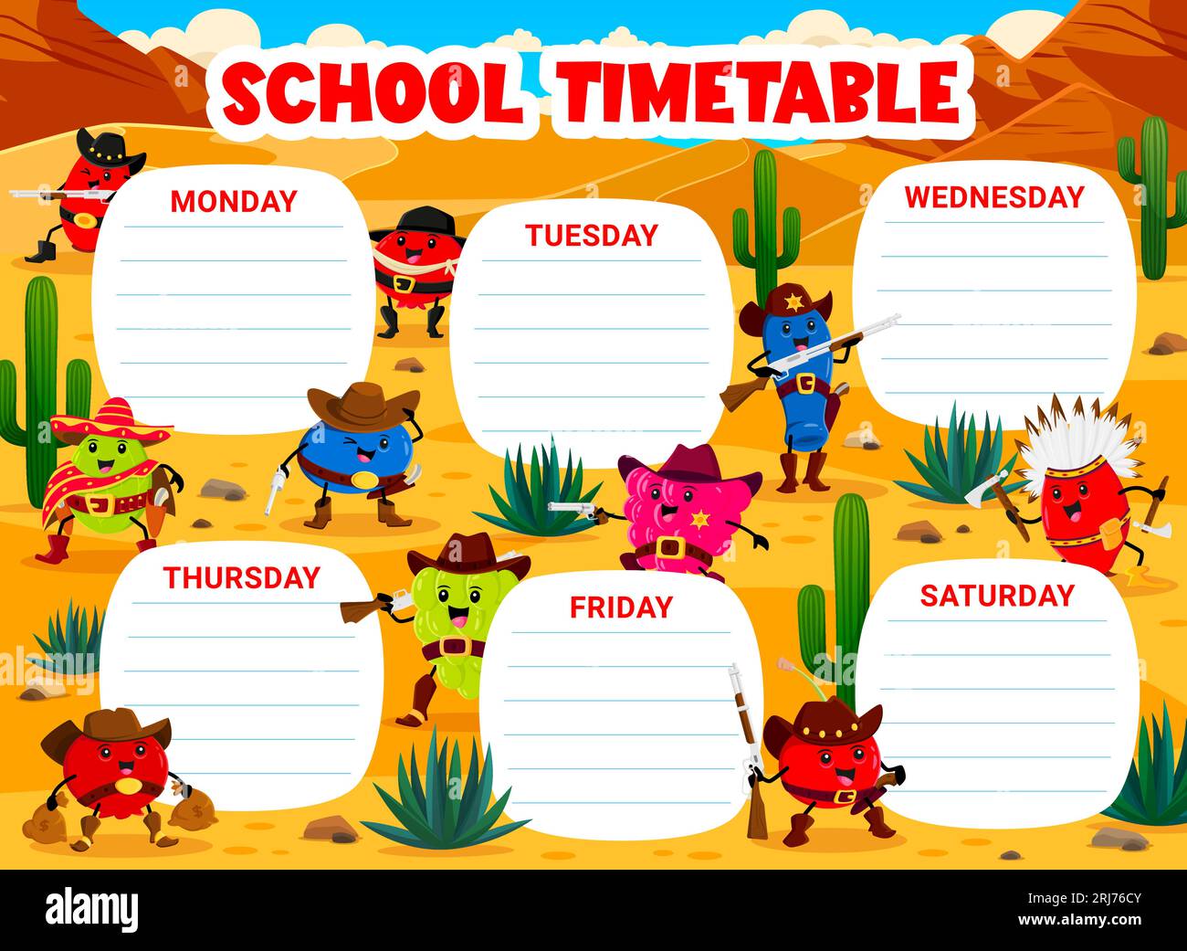 Timetable schedule. Cartoon Western berry cowboy, sheriff, ranger and ...