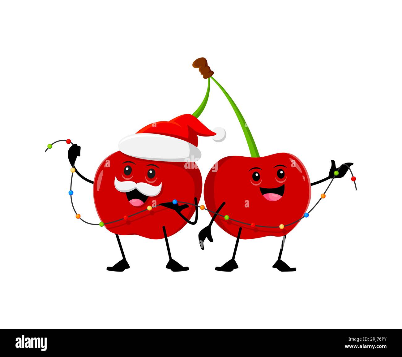 Cartoon Christmas holiday cherry berry characters with light garland ...