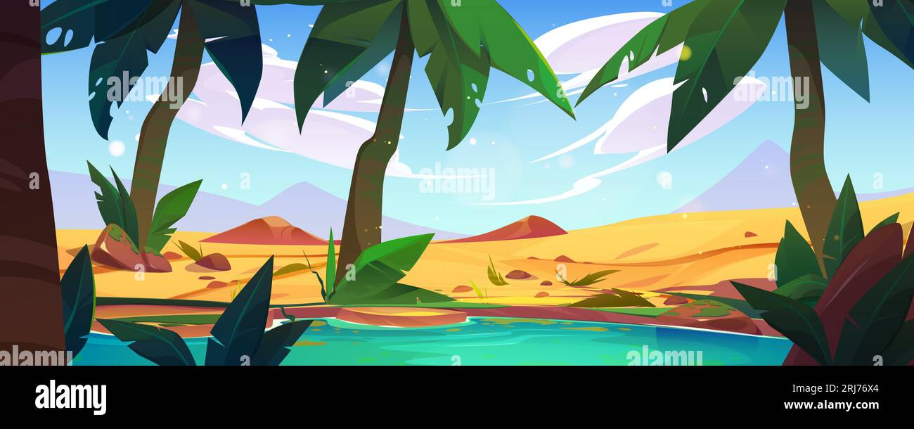 Swamp and palm tree in egypt desert oasis landscape backdrop. Clouds in ...