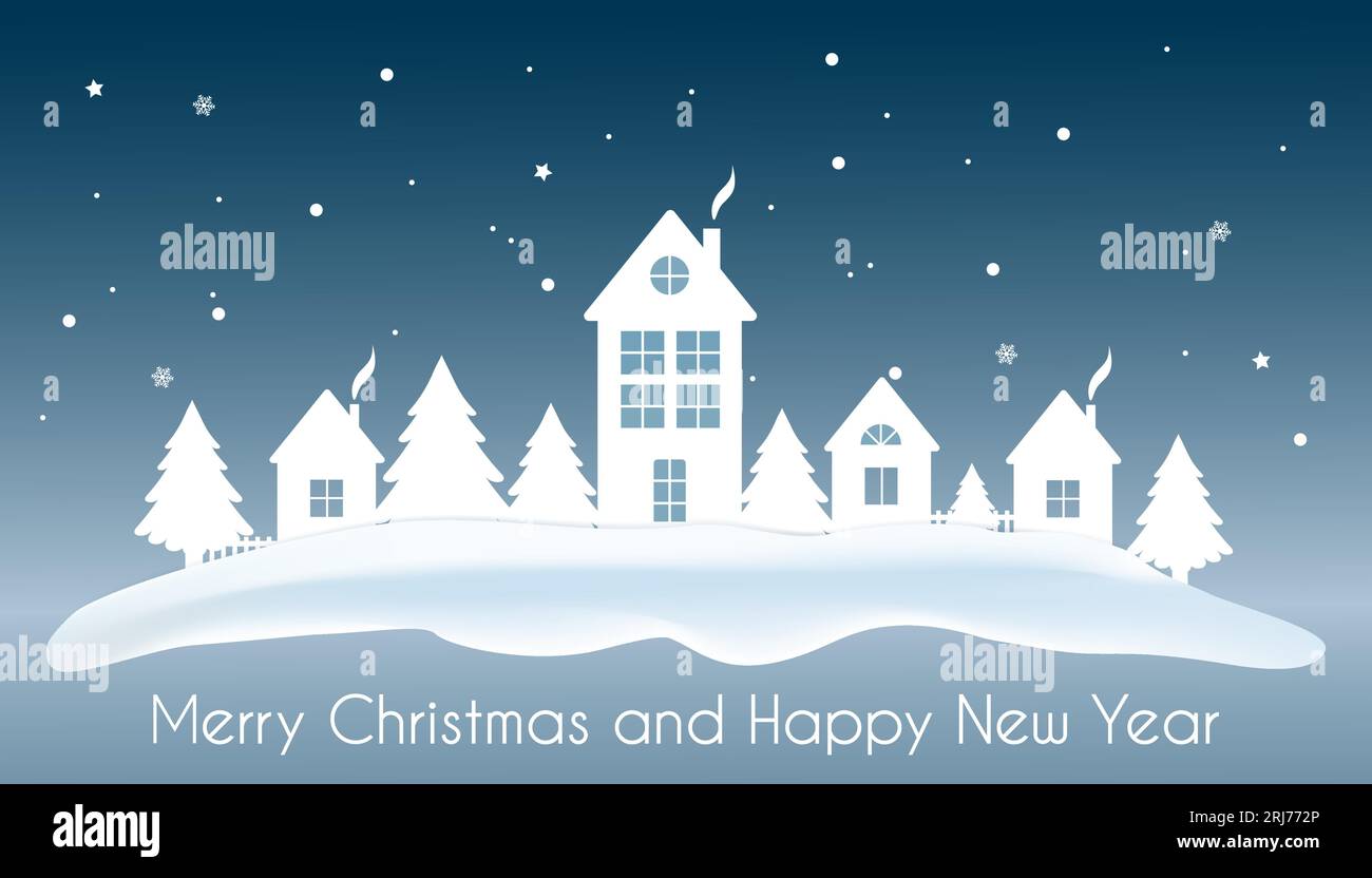 Winter village in a snowdrift. Christmas background with houses, trees ...