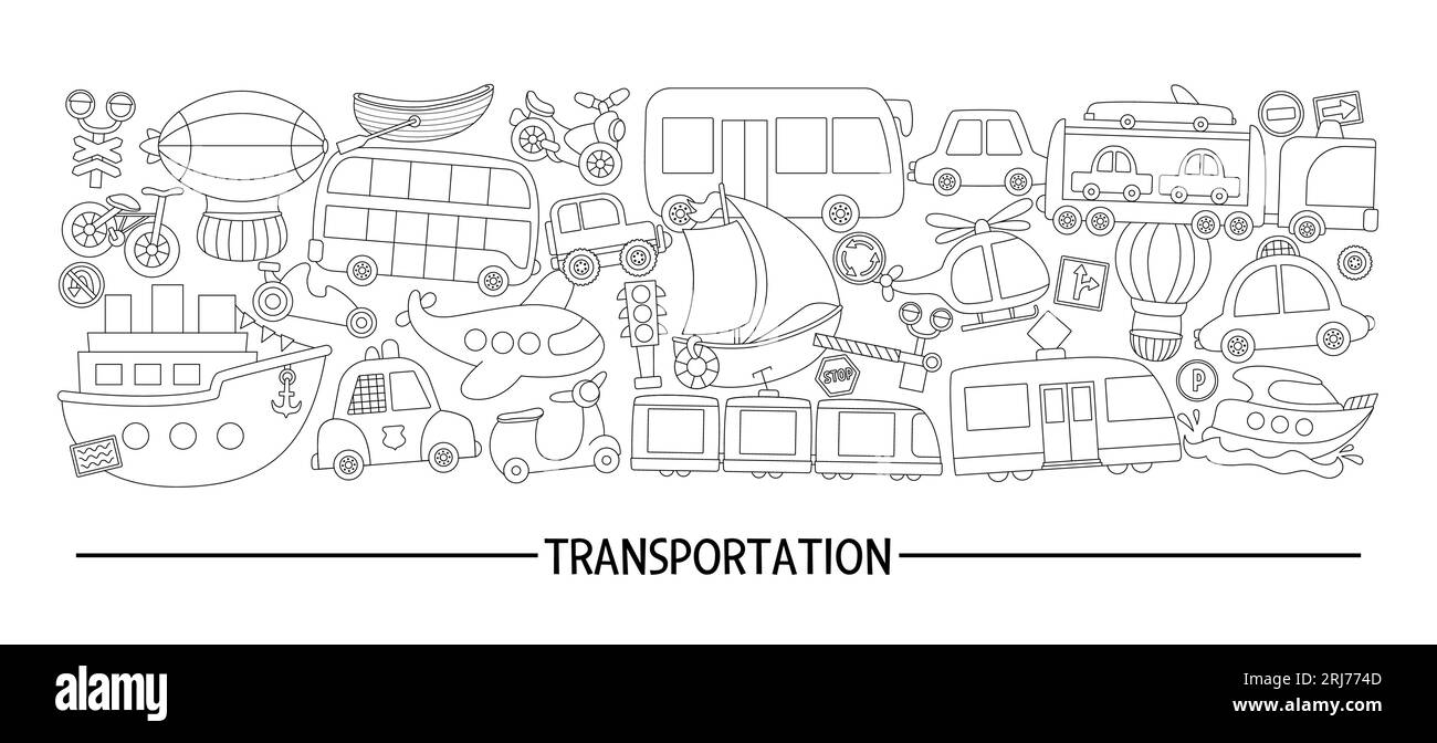 Vector black and white transportation horizontal set with different ...
