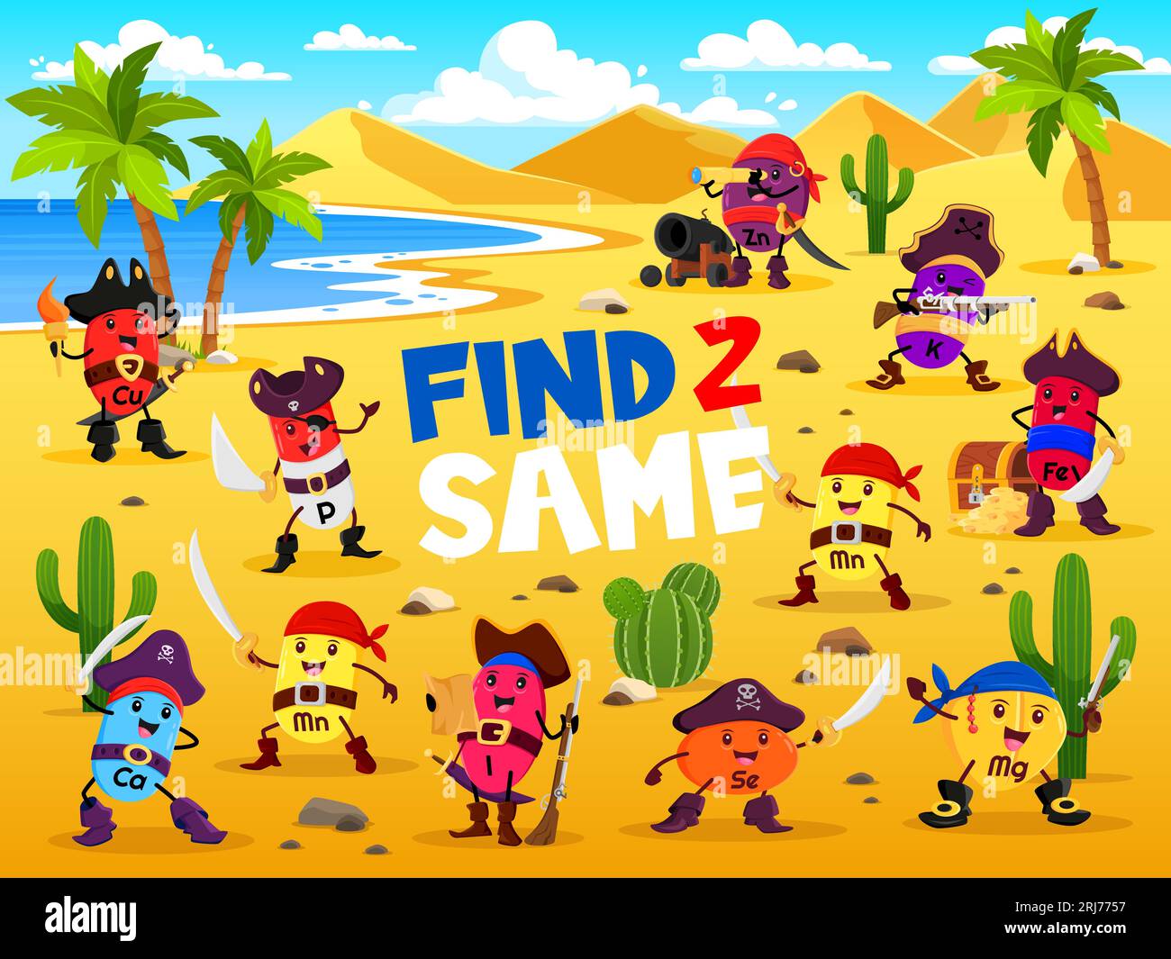 Find two same cartoon vitamins and micronutrients pirate characters ...