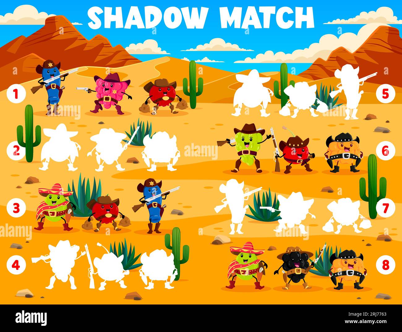 Shadow match game, cartoon Western berry cowboy, sheriff, ranger and ...