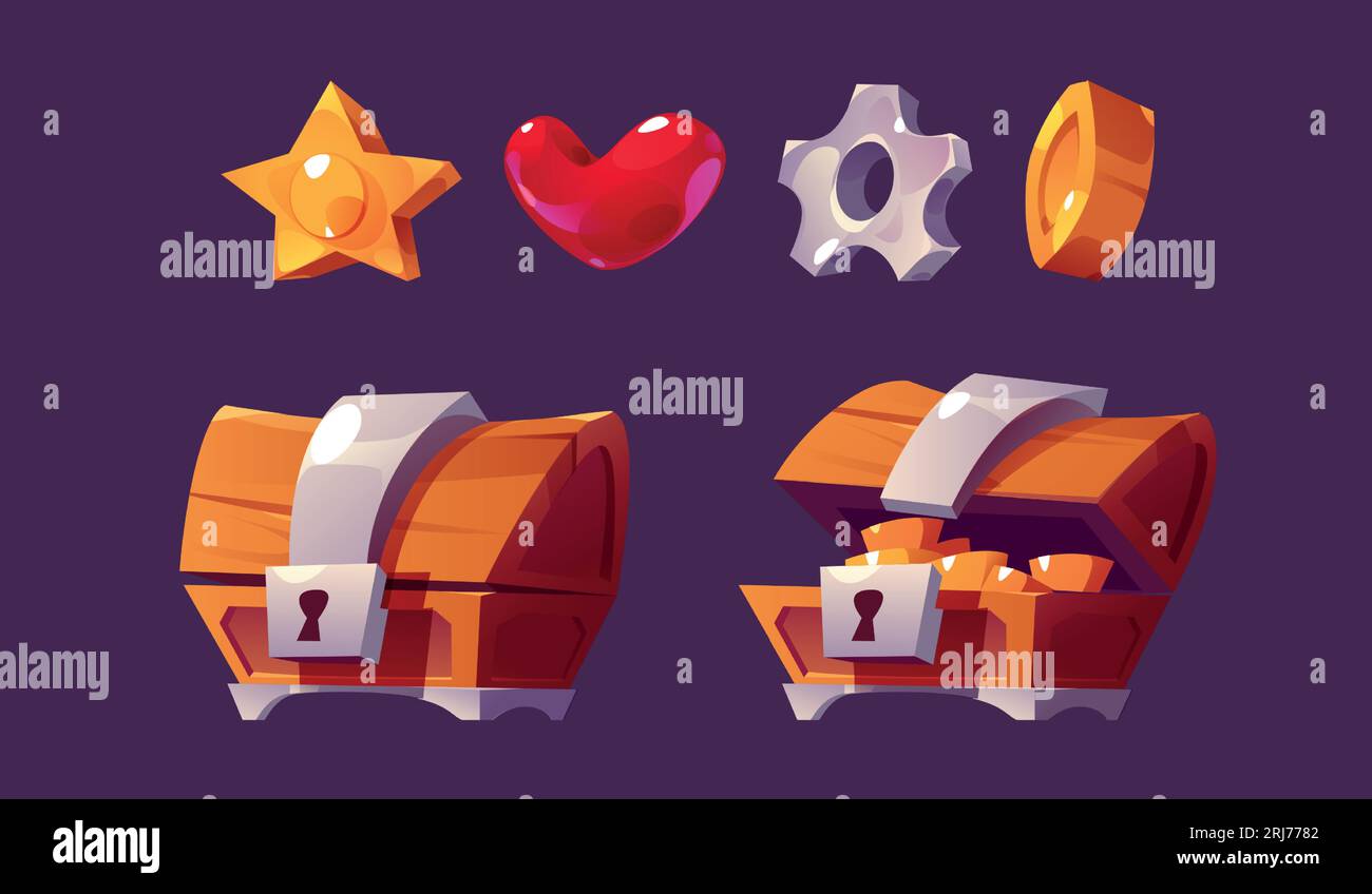 Gold and chest ui game vector icon element set. Casino cartoon ...