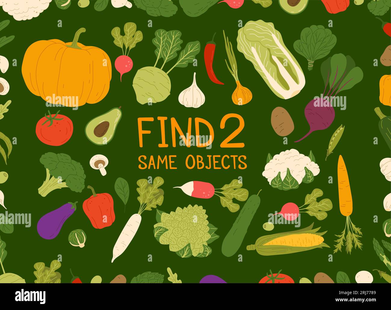 Find two same harvest raw vegetables. Kids vector game with cartoon ...