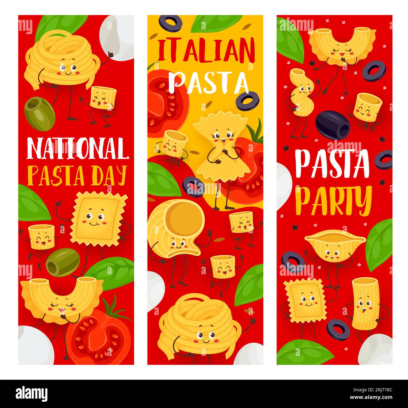 Funny italian pasta characters. Vector vertical banners with ditalini ...