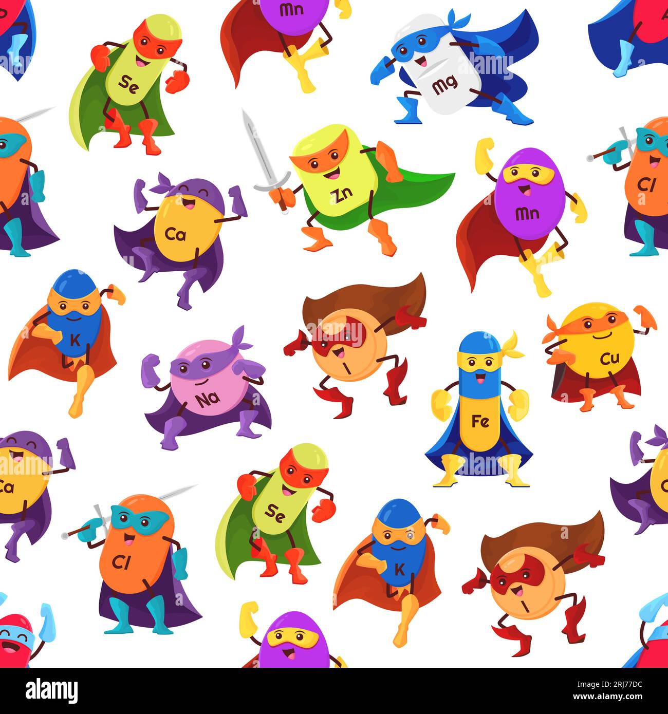 Micronutrient superhero characters seamless pattern. Vector smiling ...