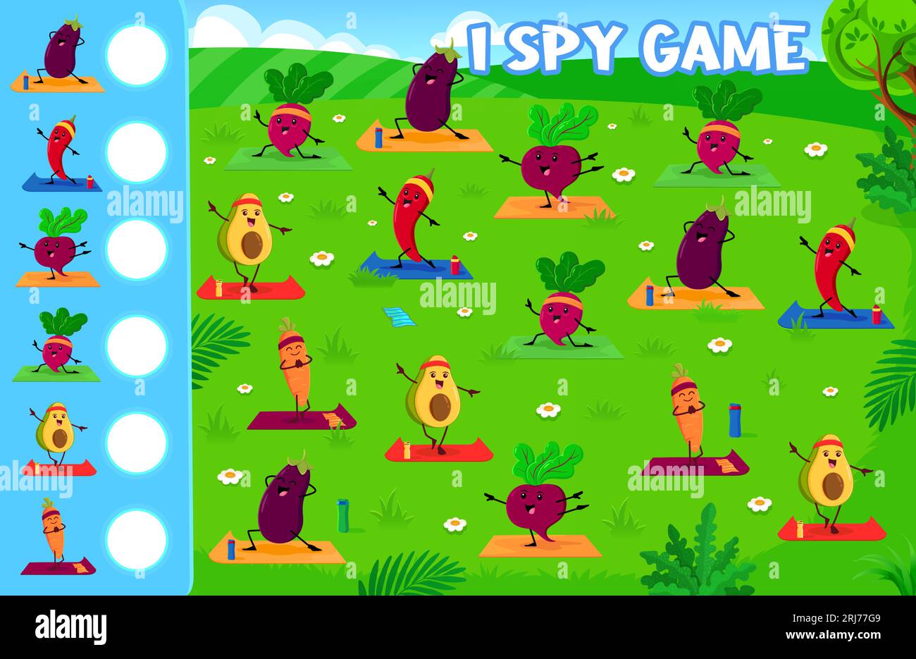 I spy game. Funny vegetable characters on yoga. Kids vector riddle ...