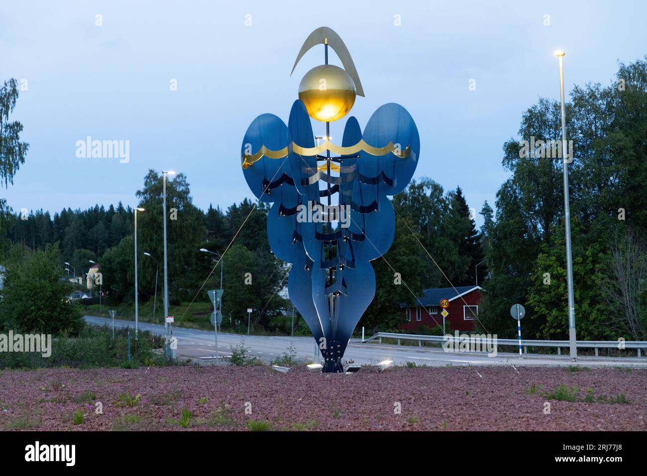 Signs and symbols, artwork in a roundabout, Vansbro, Sweden Stock Photo ...
