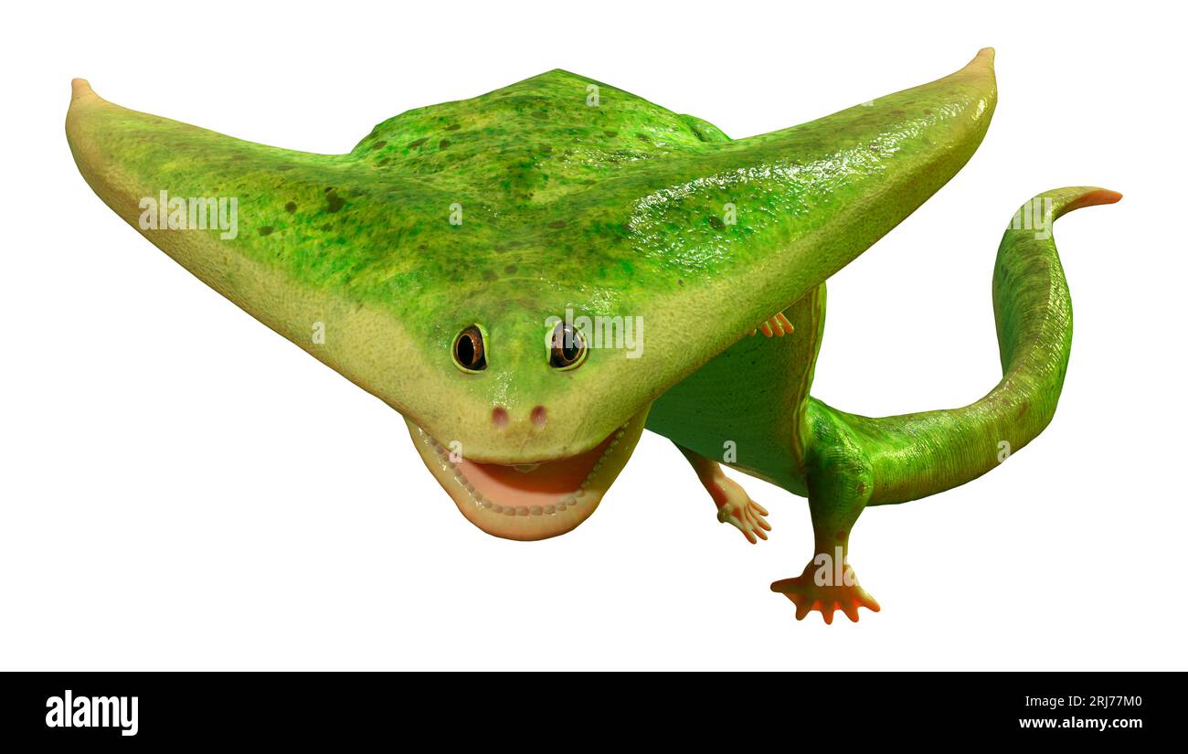 3D rendering of a prehistoric amphibian diplocaulus on white background ...