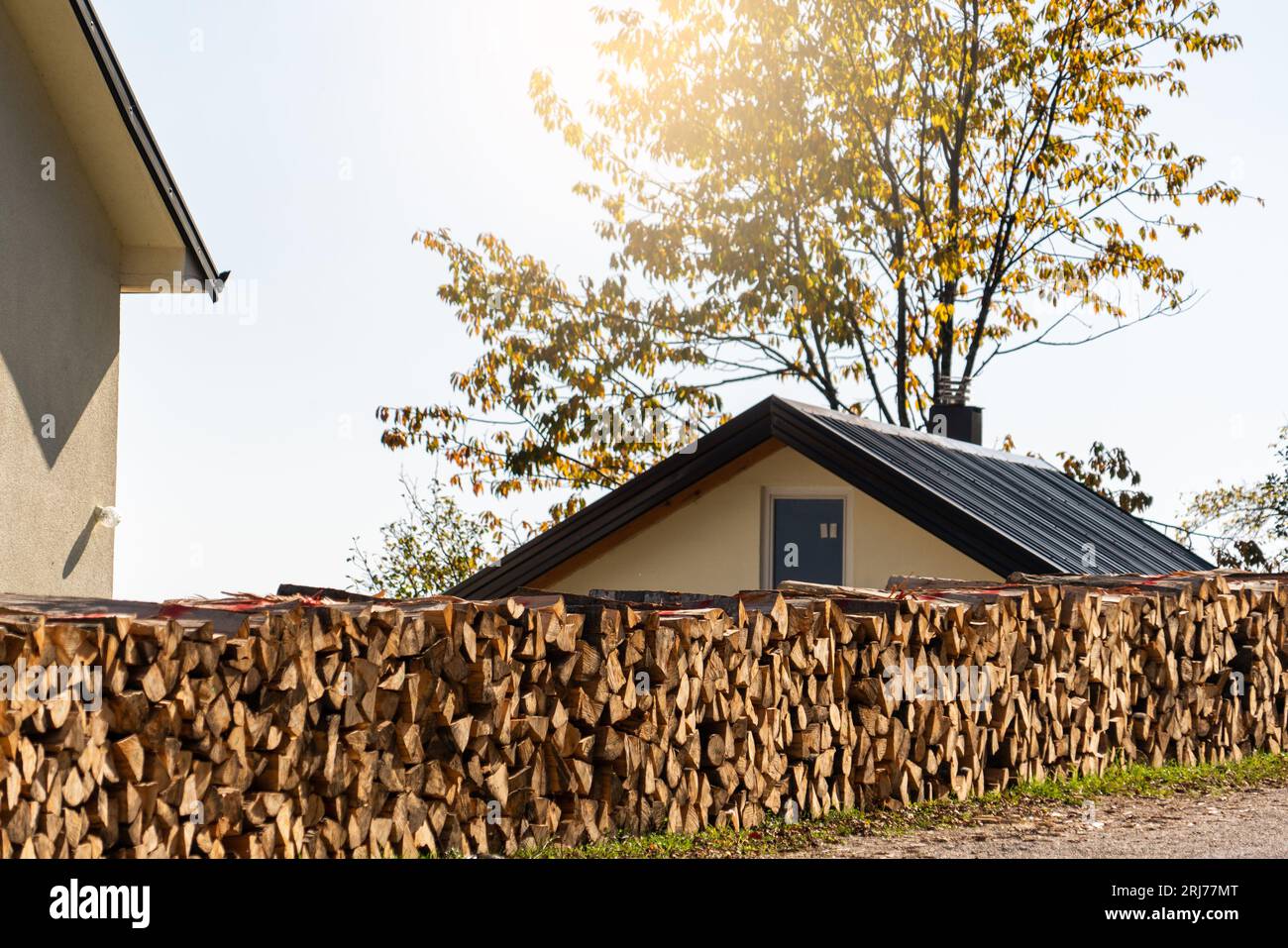 A stack of firewood on the background of the house Stock Photo - Alamy