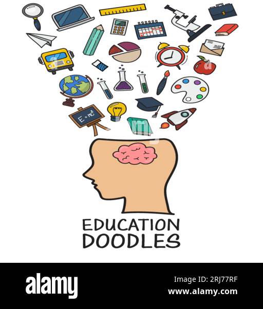Human head with education doodles color icons collection. Hand drawn ...