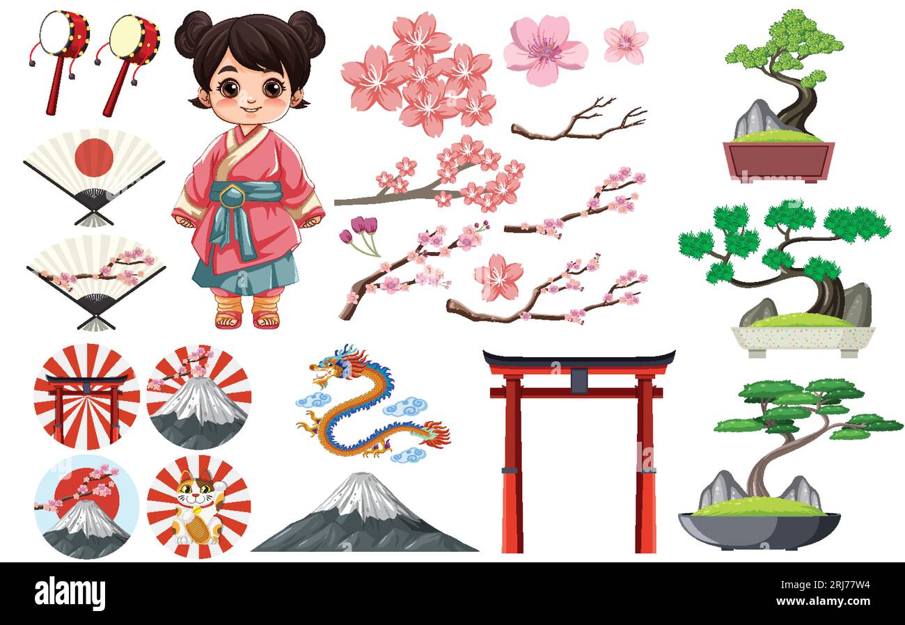 A charming Asian girl cartoon character surrounded by Japanese cherry ...