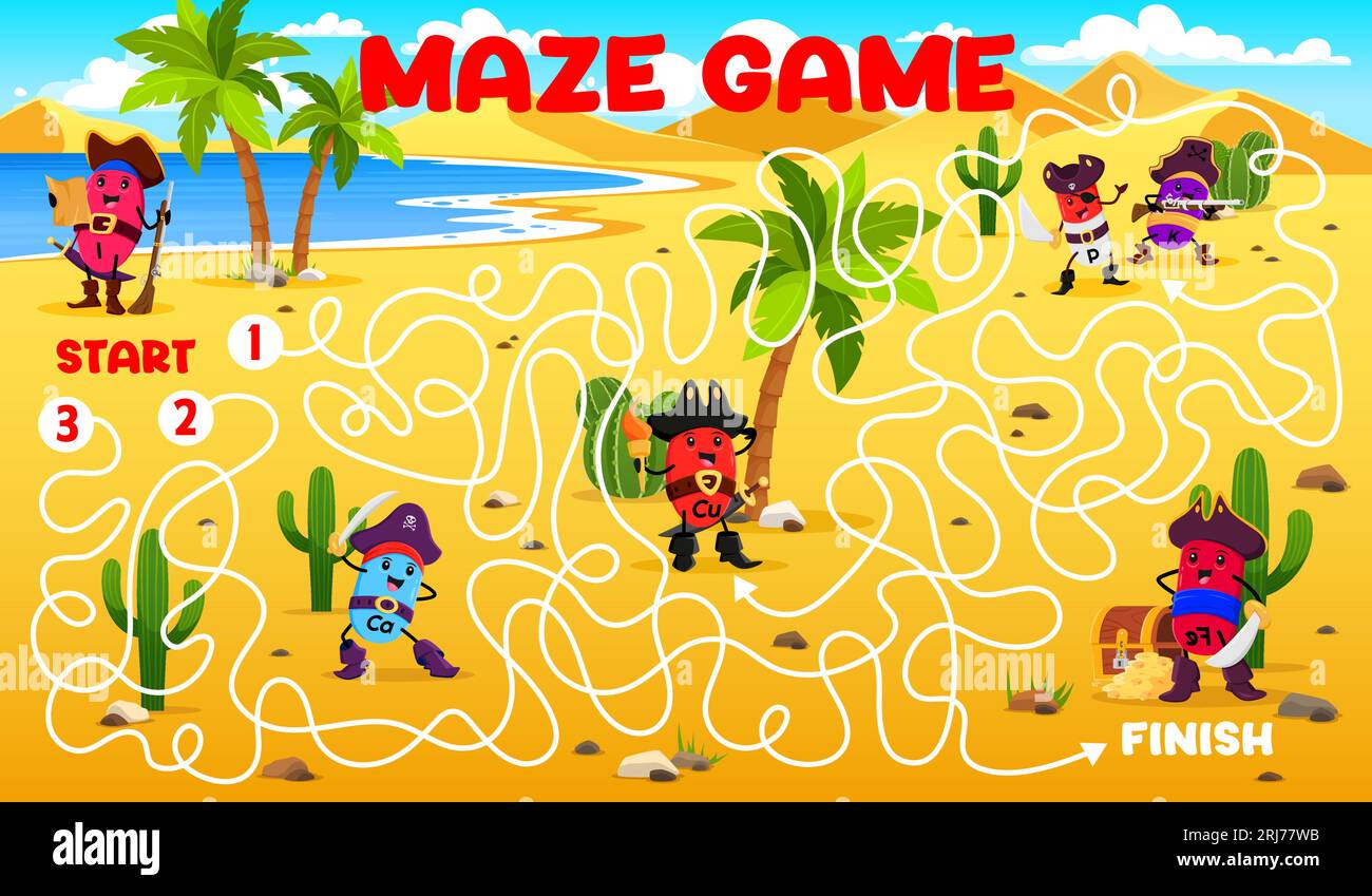 Labyrinth maze game. Cartoon vitamins and micronutrient pirate ...