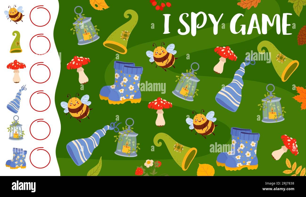 I spy game with autumn leaves, animals, plants and gnome garden tools ...