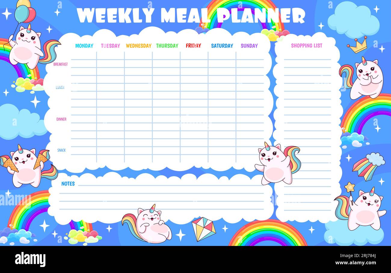 Weekly meal planner with magic caticorn cat and kitten characters ...