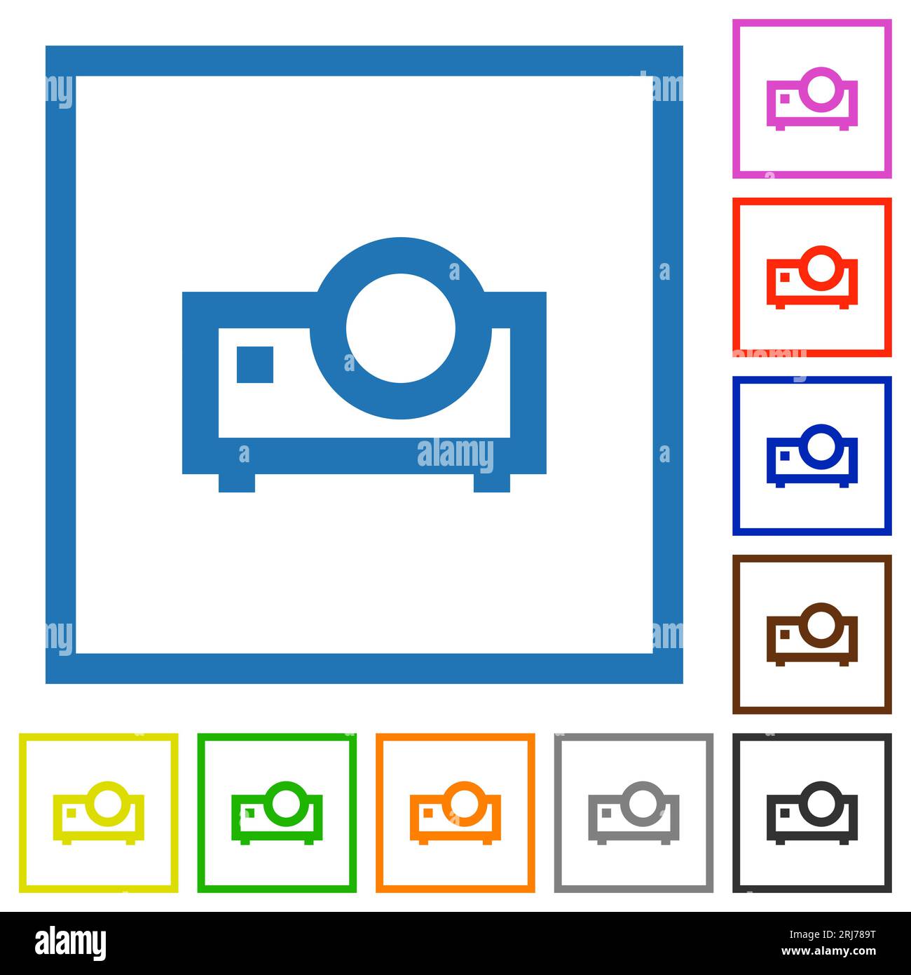 Multimedia projector outline flat color icons in square frames on white ...