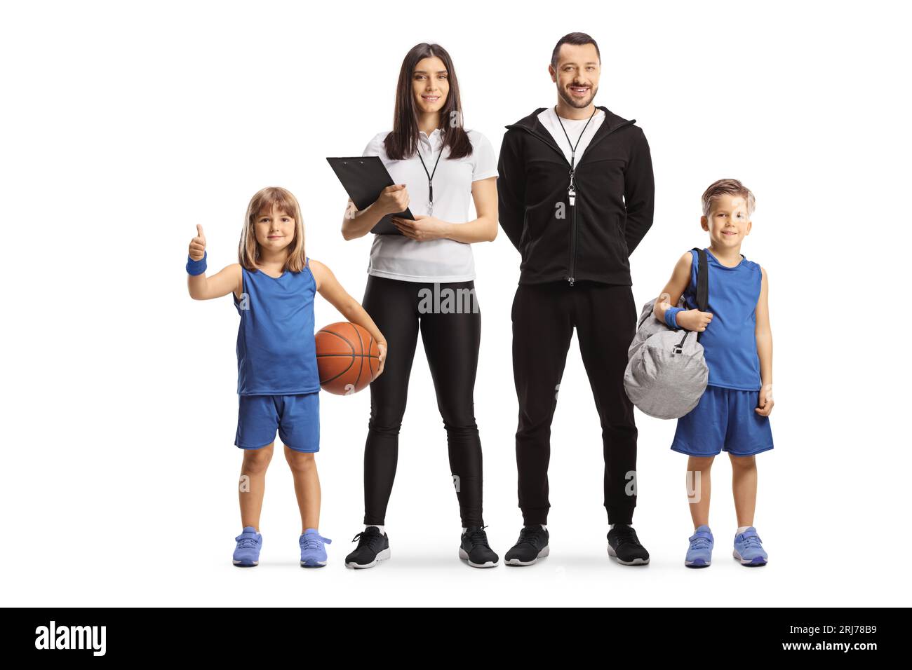 PE teachers with children in basketball jerseys isolated on white ...