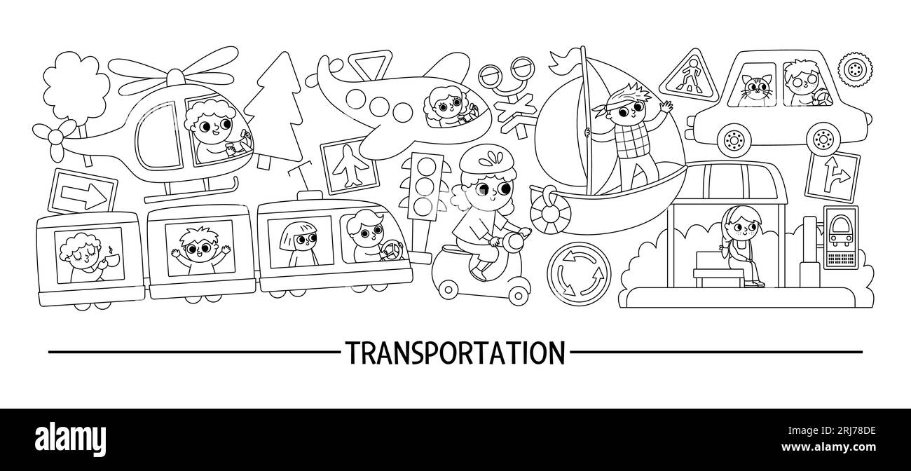 Vector black and white transportation horizontal set with different ...