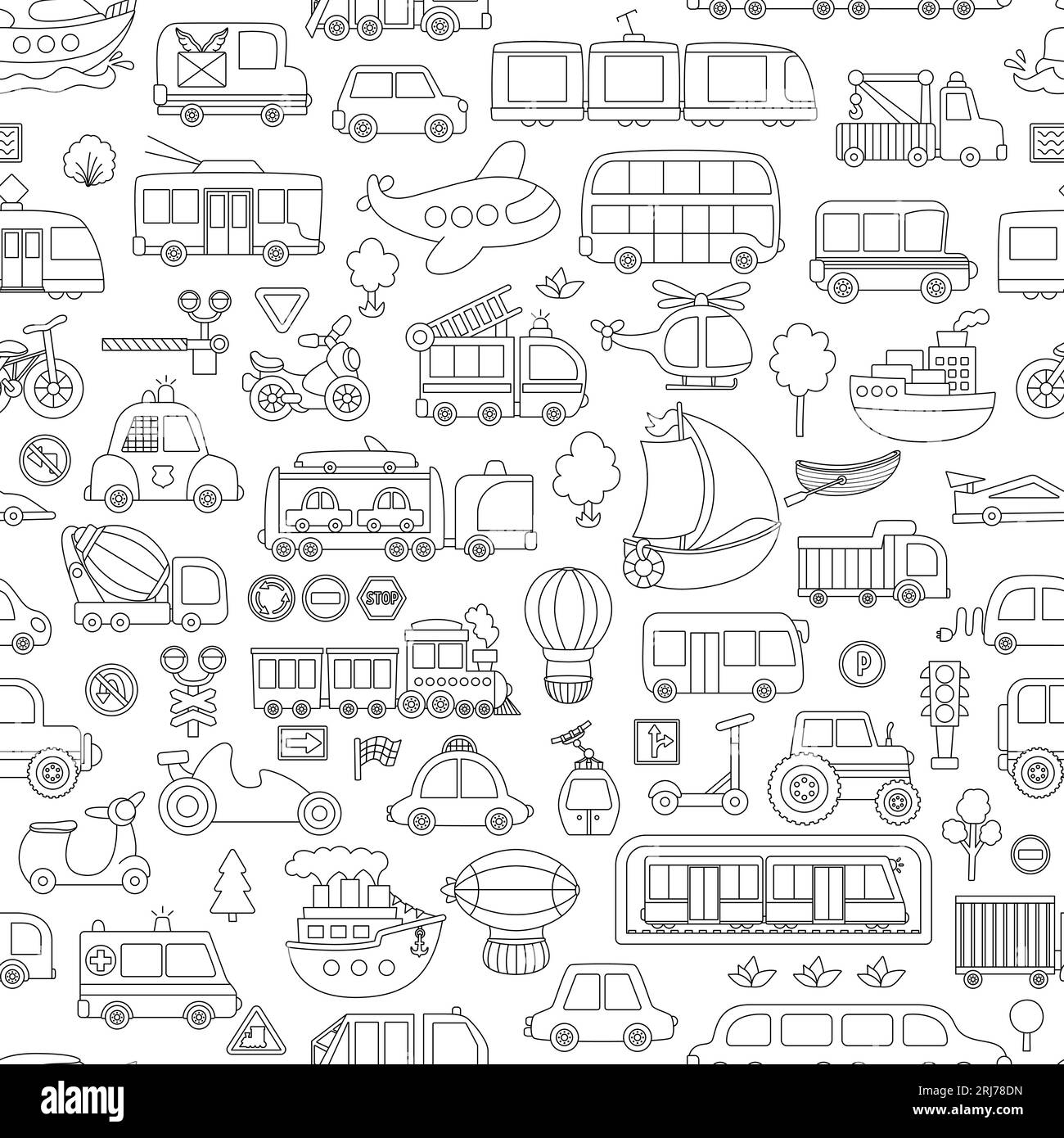 Vector black and white transportation seamless pattern. Funny line ...
