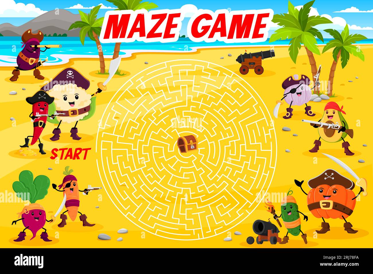 Labyrinth maze game, cartoon vegetable pirate or corsair characters and ...
