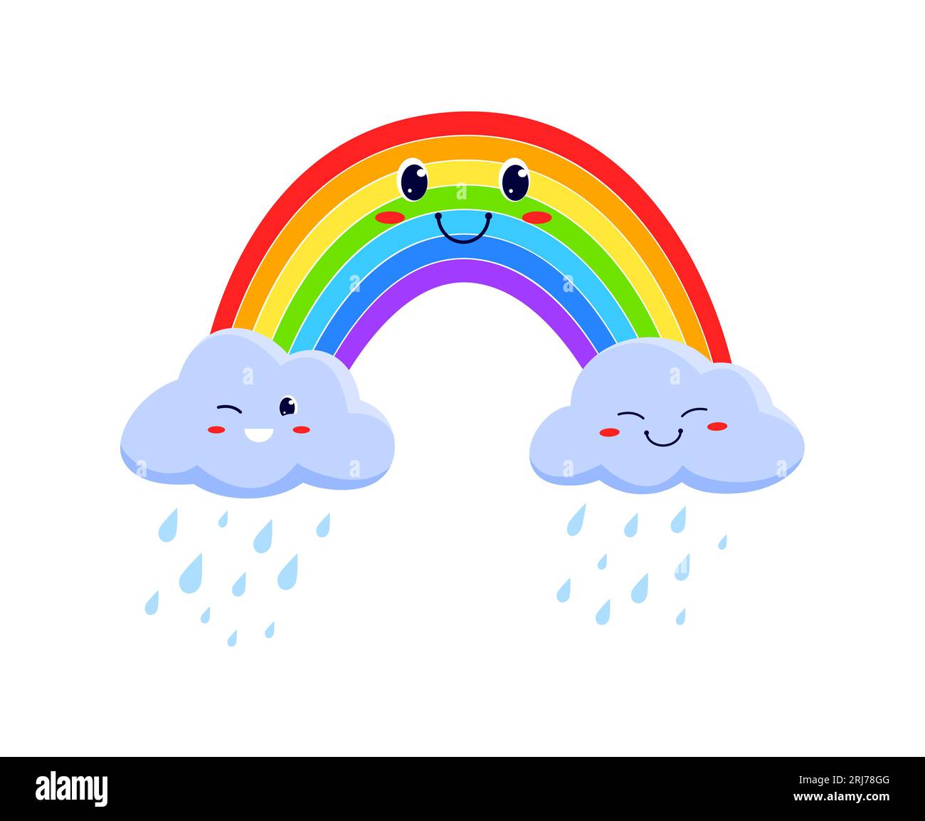 Funny rainbow and rainy clouds, cartoon characters. Vector colorful ...