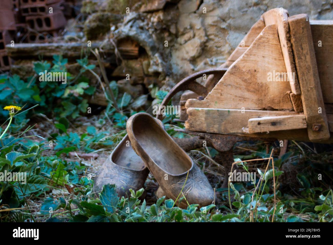Rural scene, wooden clogs resting on a work wheelbarrow in a courtyard ...