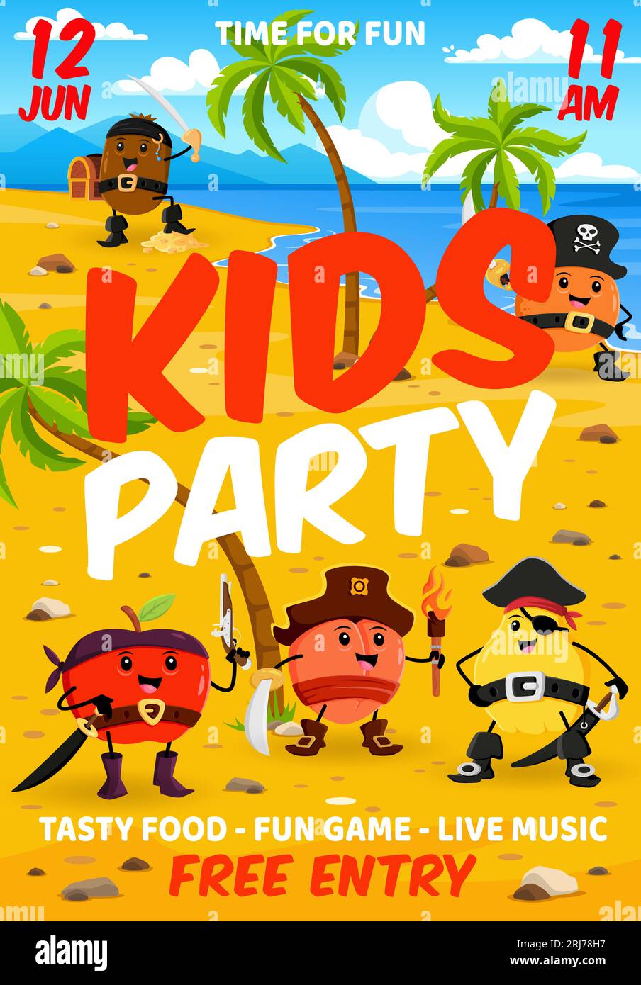Kids party flyer. Cartoon fruit pirates and corsairs characters on ...