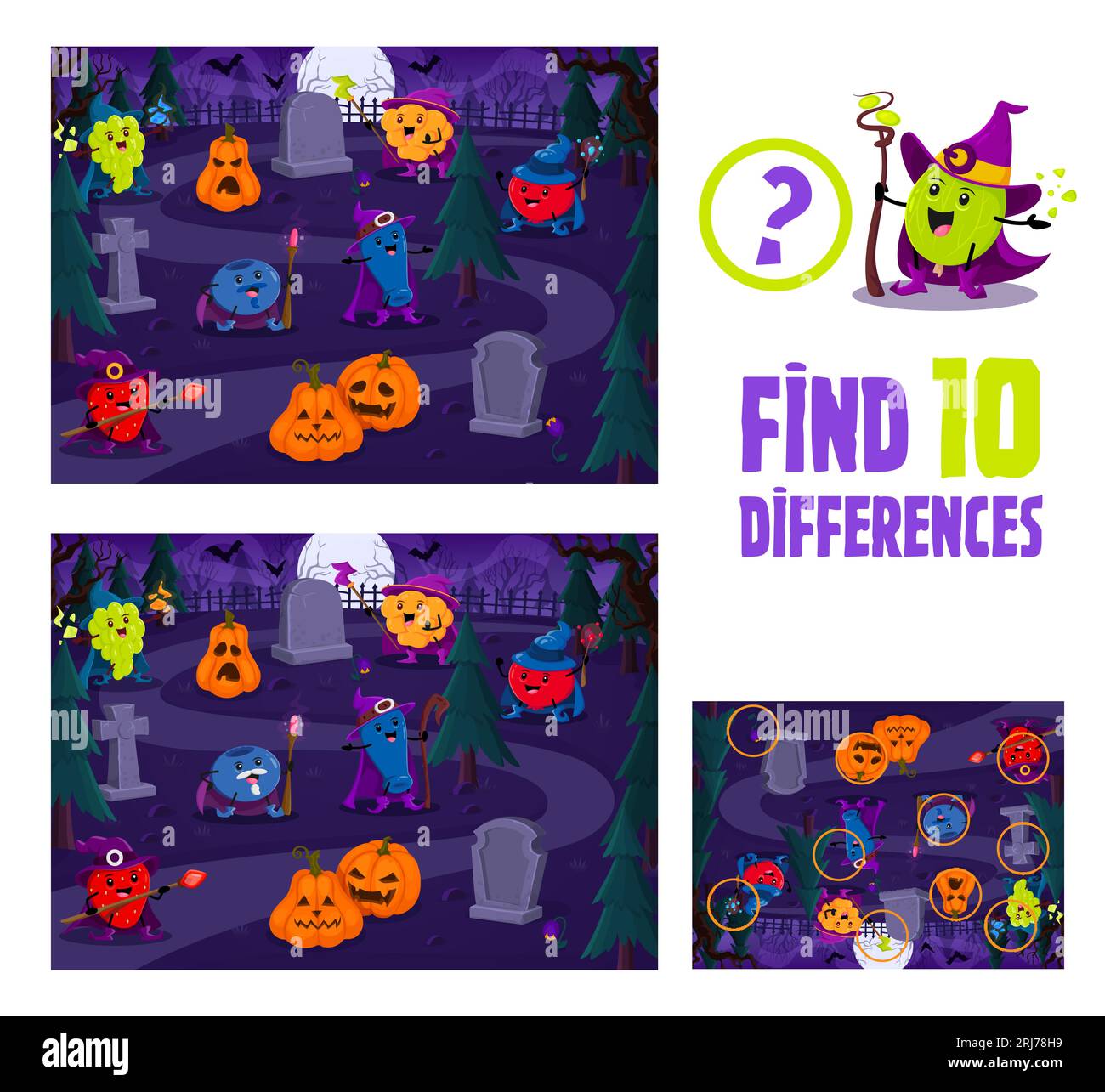 Find ten differences, cartoon Halloween berry wizards and mages at ...